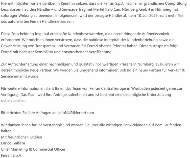 Ferrari kündigt Vertrag mit einem Händler, der in einen schweren ...